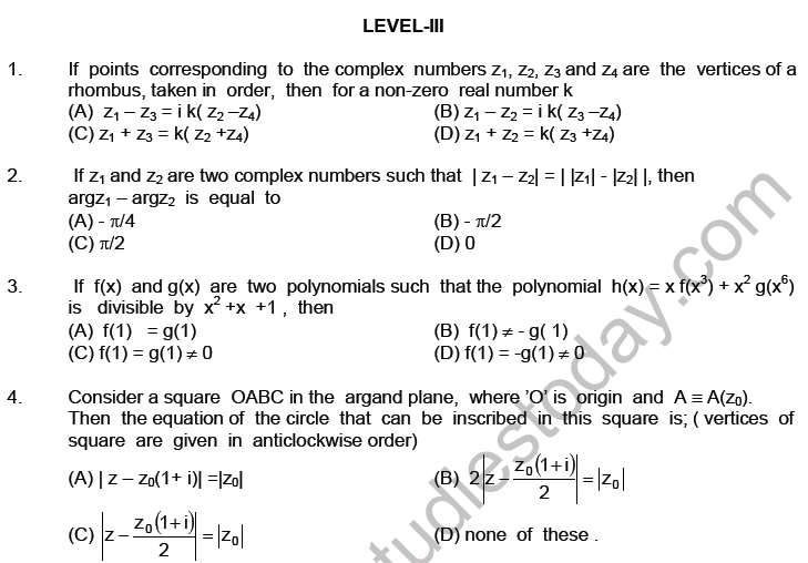 JEE Mathematics Complex Numbers MCQs Set C with Answers